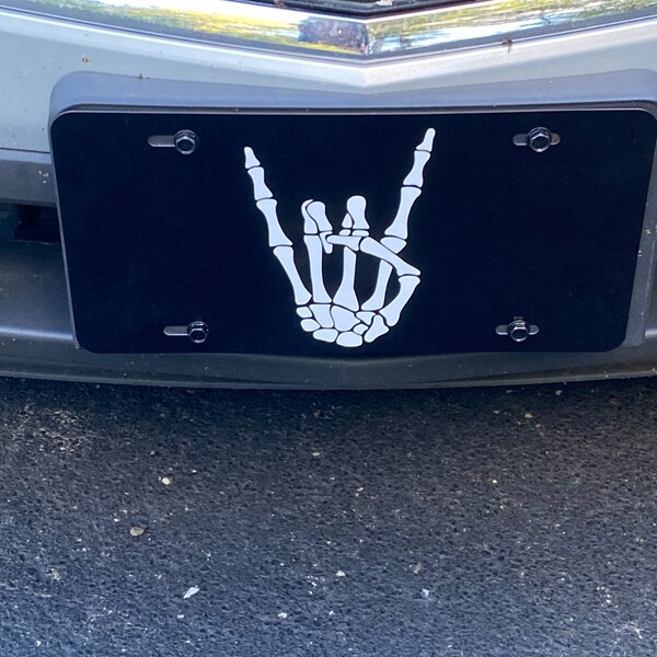 Rock on Skeleton Hand Front License Plate | Vanity Plate | Car Tag ...