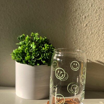 Sage Green Smiley Face Iced Coffee Glass Cup - Etsy