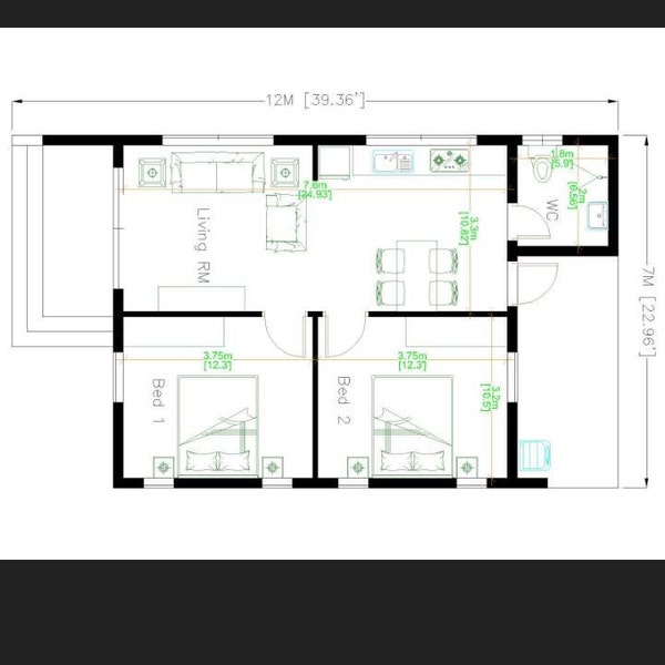 V-485| 36x36 Modern Tiny House Plan: 3 Bedroom Bungalow Blueprints. - Etsy