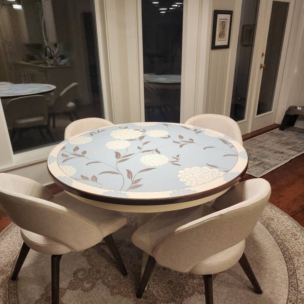 Heirloom Vinyl Floor Mat, Round Vinyl Mat, Flowery Vinyl Mat, Blue and ...