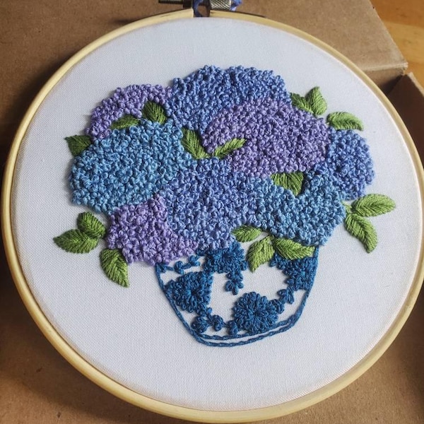 Blue Hydrangeas in Ginger Jar - Floral Hand Embroidery KIT, Blue ...