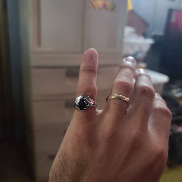 Coffin Cut Black Onyx Engagement Ring Set Gothic Black Gold Ring ...