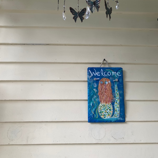 Mermaid Welcome Slate, Hand Painted Original Mermaid Painting on Slate ...