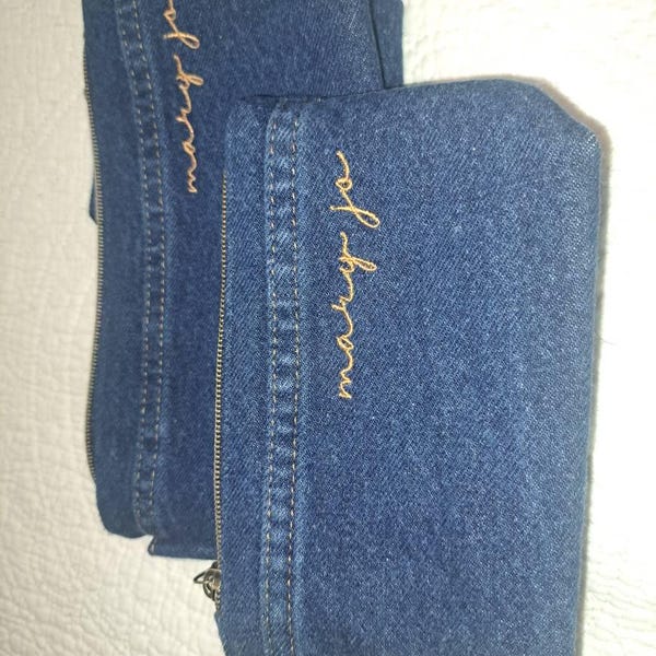 Personalized Upcycled Denim Zipper Pouch: Embroidered Makeup Bag Made ...