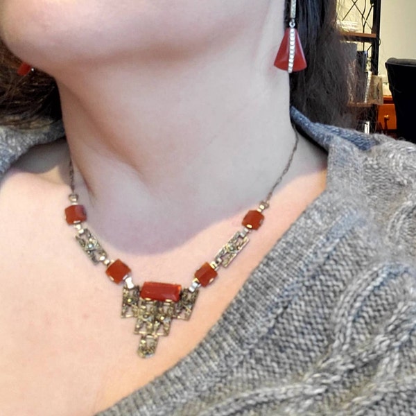 Vintage 1930s Art Deco Open Back Crystal Glass 22” Silver Tone Necklace ...