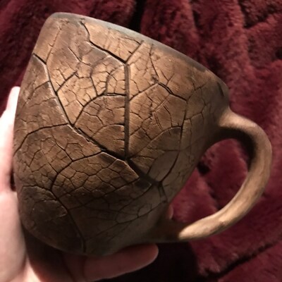 Big Ceramic Coffee Mug With Leaf Impressions Handmade Pottery Mugs ...