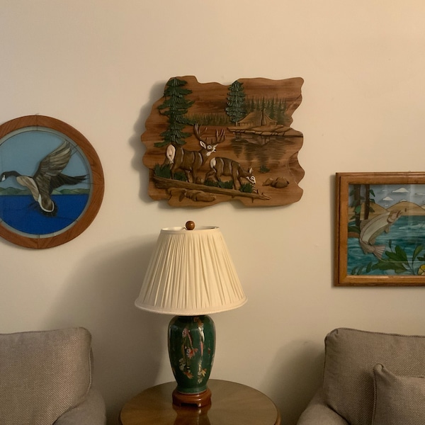 Deer Family Intarsia Wall Art, Deer Family Wood Art, Deer and Cabin ...