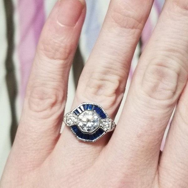 New Art Deco Style White Round Cut Moissanite With Blue Bugatti ...