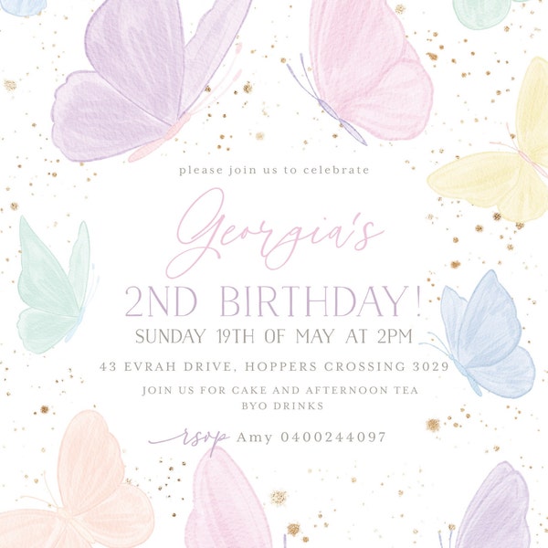 Butterfly Birthday Invitation, Pastel Rainbow Butterflies 1st Birthday ...