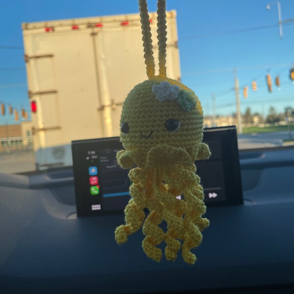 Crochet Jellyfish Car Charm: Handmade Cotton Rear View Mirror Hanger - Etsy