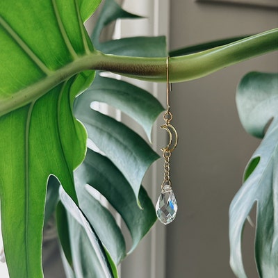 Crystal Suncatcher Plant Charms, 18k Gold Moon & Star, Crescent Moon ...