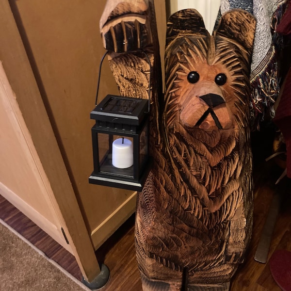 3ft Cedar Bear Chainsaw Carving With Solar Lantern Made In Usa Free Shipping Etsy
