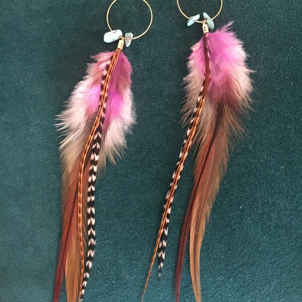 Feather Earrings on Gold or Silver Hoops With Turquoise Chip Stone ...