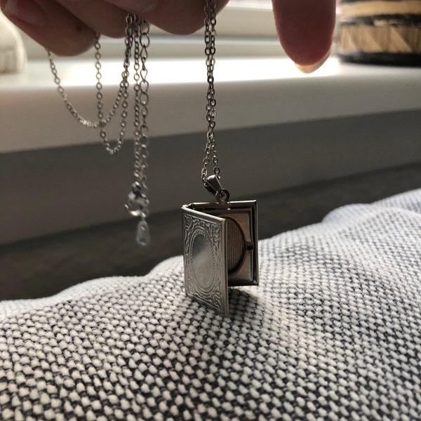 Silver Book Locket Necklace in Stainless Steel, Librarian Jewelry ...