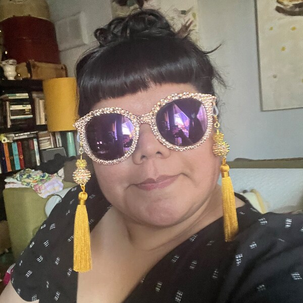 Gold Half Frame Square Sparkle Sunglasses / Handmade Rhinestone Shades ...