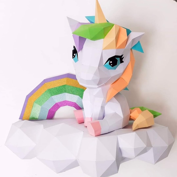 Papercraft 3D Unicorn on Clouds & Rainbow PDF,SVG Template for DIY ...
