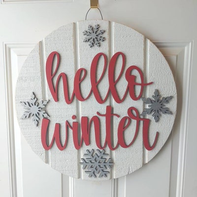 Red Hello Winter Door Sign, Snowflake Door Hanger, Wood Wreath for ...