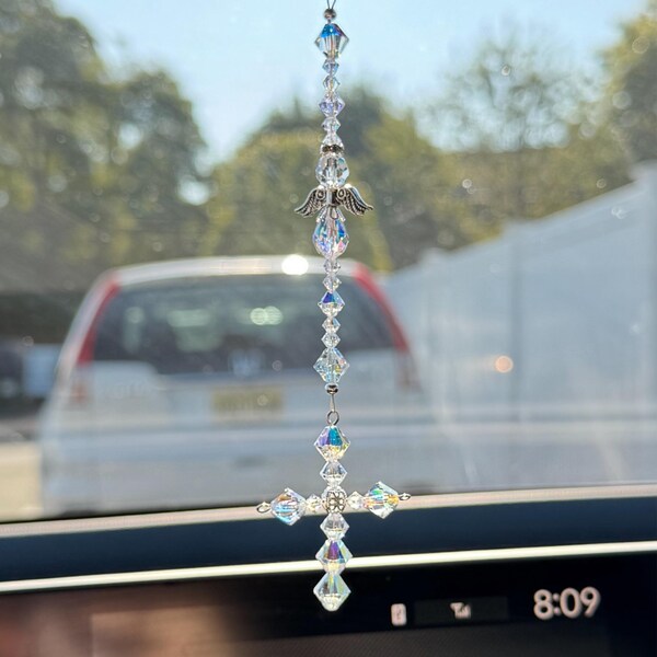 Swarovski Crystal Cross With Angel Car Charm, Rear View Mirror Charm ...