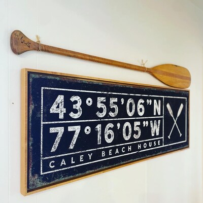 Large BEACH HOUSE Sign With Shell Vintage Coordinates Sign for Beach ...