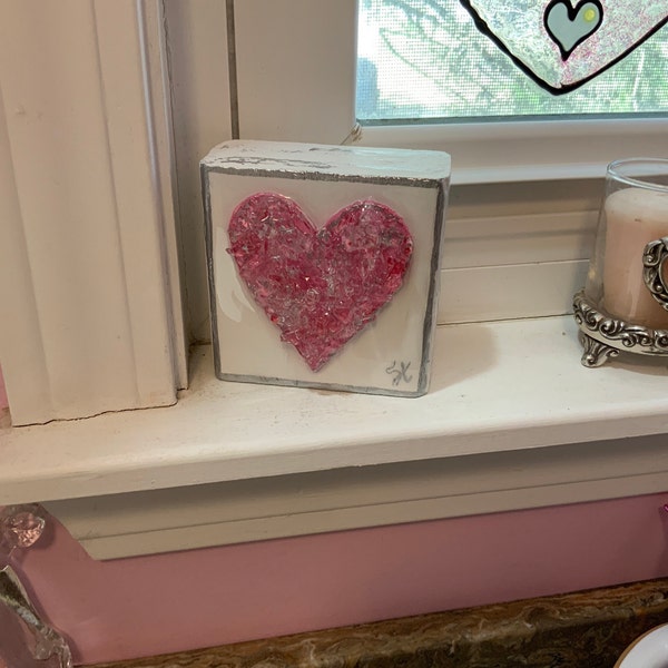 Textured Paint With Glass Heart, Block Art, Glass Art, Resin Art ...