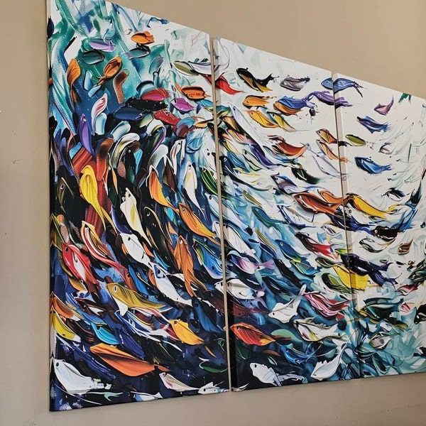 Modern Abstract Fish Shoal Wall Art Canvas Print, Colorful Fish Herd ...