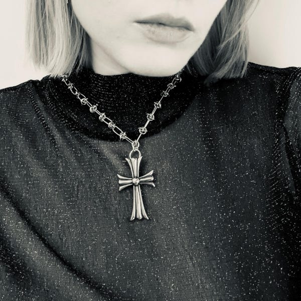 FALLEN ANGEL Stainless Steel Barbed Wire Winged Angel Cross Necklace ...