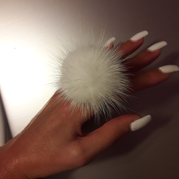 Black Furry Ring, Mink Pompom Ring, Mink Finger Ring With Genuine ...