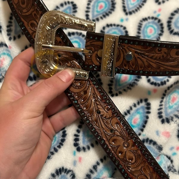 Bohemian Style Floral Leather Belt With Turquoise Dots and Handcrafted ...