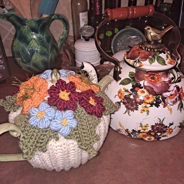 Crochet Red Tea Cozy Blue Yellow Flowers - Knitted Tea Pot Warmer ...