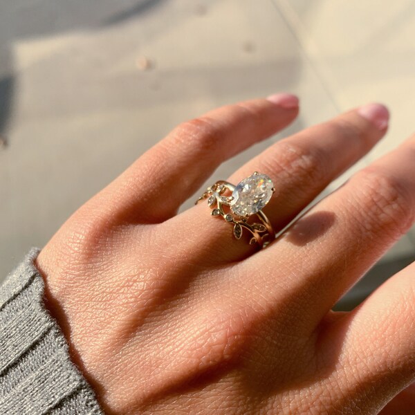 14K Solid Yellow Gold Olive Leaf Simulated Diamond Ring, Delicate ...