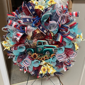 Blue Truck With Sunflowers Wreath Sign, Metal Wreath Sign, Signs for ...