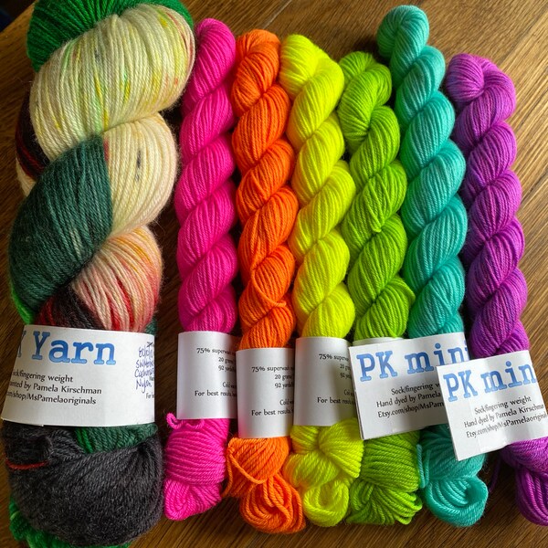 Rainbow Mini Skein Set, Sock Yarn Mini Skein Set of 6, Neon Mini Skein ...