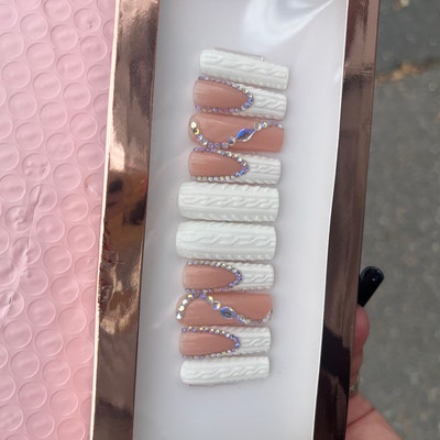 3D Blue Croc French Tip Press on Nails Charms Press on Nails Long Nails ...