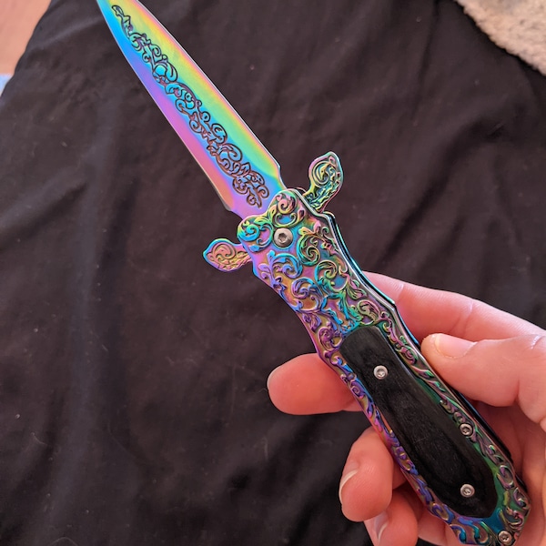 Athame / Dagger - Aurora Borealis Blade Ornate Folding 9 Inch Black ...
