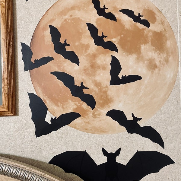 Bats and Moon Halloween Wall Decor - Full Moon and a Colony of Bats ...