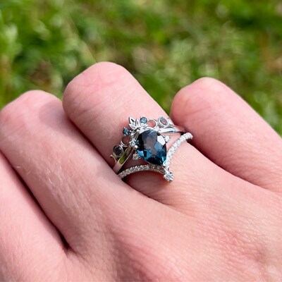 Galaxy Emerald Cut Blue Sandstone Engagement Ring Set Art Deco Marquise ...