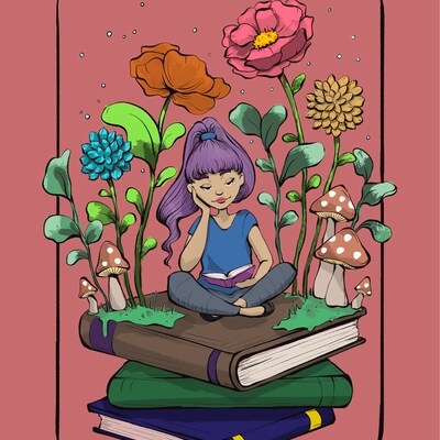 Girl Floral Books Coloring Pages, Fantasy, Procreate, Letter Size , Pdf ...