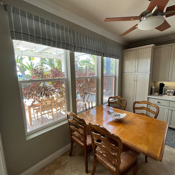 Lined Mineral Blue and White Modern Farmhouse Stripe Faux Flat Roman ...