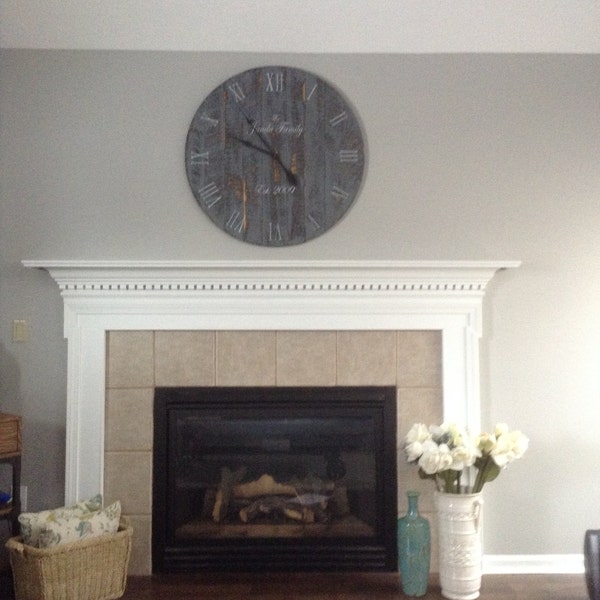 Large Wall Clock / Rustic Grey With Roman Numerals / Made From Rough ...