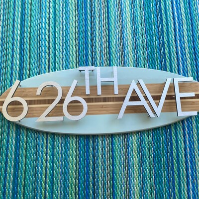 Surfboard Coastal Beach House Address Number Plaque in Yellow - Etsy