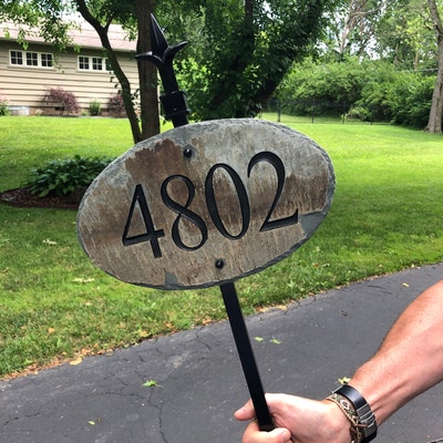 SLATE ADDRESS MARKER Sign Carved Numbers With Lawn / Yard Stake Plaque ...