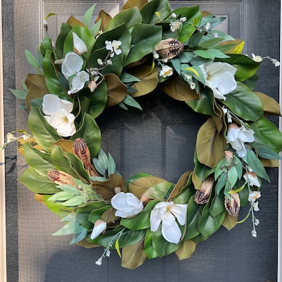 Magnolia Wreath for Front Door With Realistic White Magnolia Blooms ...