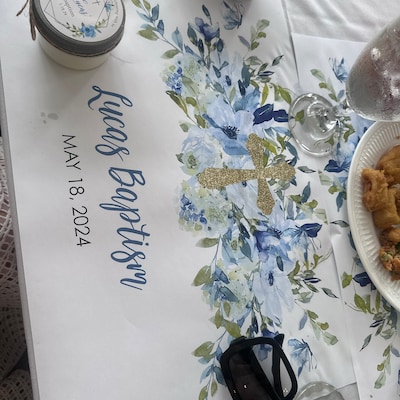 First Holy Communion Banner, Blue Floral Gold Cross 1st Communion Party ...