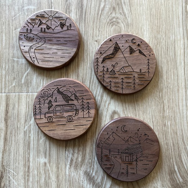 Great Outdoors Engraved Coasters, Nature Lovers Round Wooden Coaster ...
