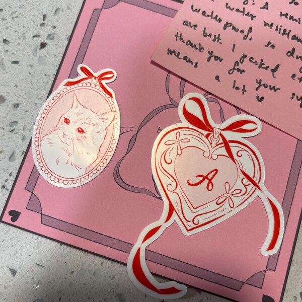 Custom Initial Heart Locket Sticker, Coquette, Hand-drawn, Ribbon ...