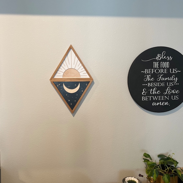 CARVED Wall Hanging Sun and Moon Triangle Set With Wood Frame. Boho ...