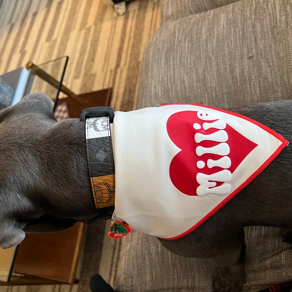 Personalized Puff Vinyl Heart Dog Bandana, Custom Pink and Red Heart ...