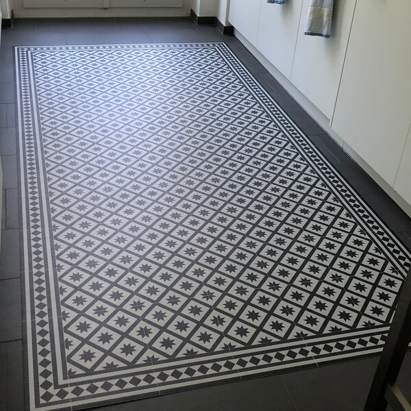 Black & Gray Vinyl Mat, Oriental Geometric Design, Kitchen Mat ...