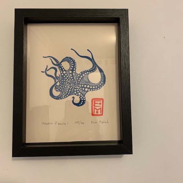 Linocut Heavy Rain Original Art Print With a Red Monogram, Nature Wall ...