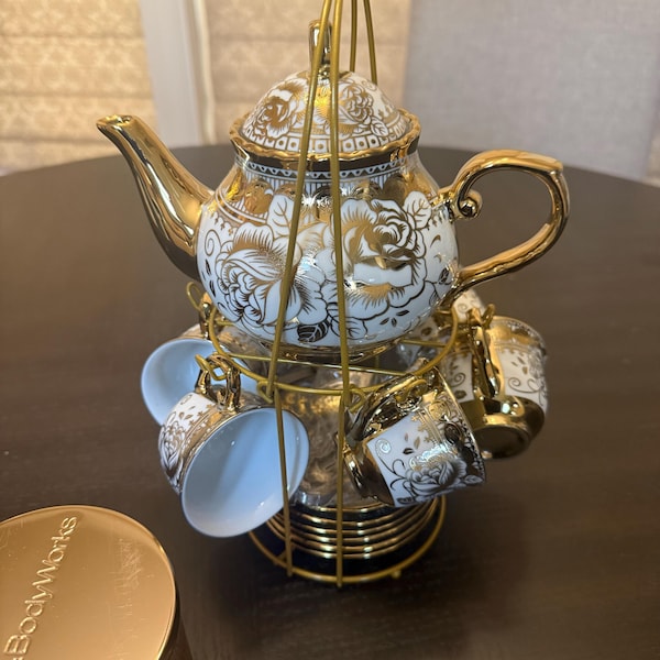 Gold Tea Set 20-piece Teapot 3 Oz Cups Saucers Stainless Steel Spoons ...